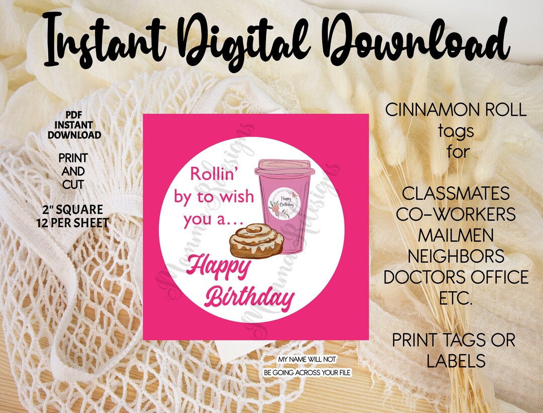 CINNAMON ROLL Happy Birthday Labels, Happy Birthday Tags, 2" Square ...