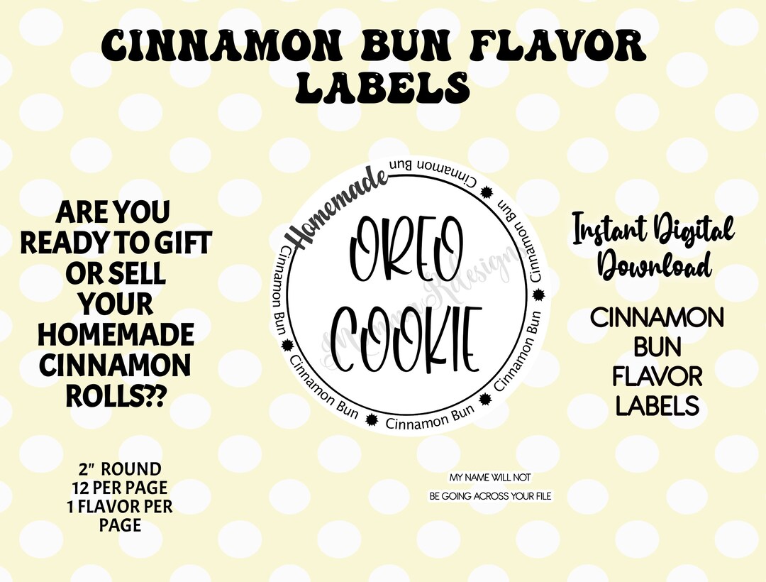 OREO Cookie CINNAMON ROLL Flavored Label, Cinnamon Bun Tags, 2 Round ...