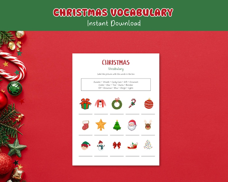 Christmas Vocabulary Printable, Classroom Activity, Christmas Words - Etsy