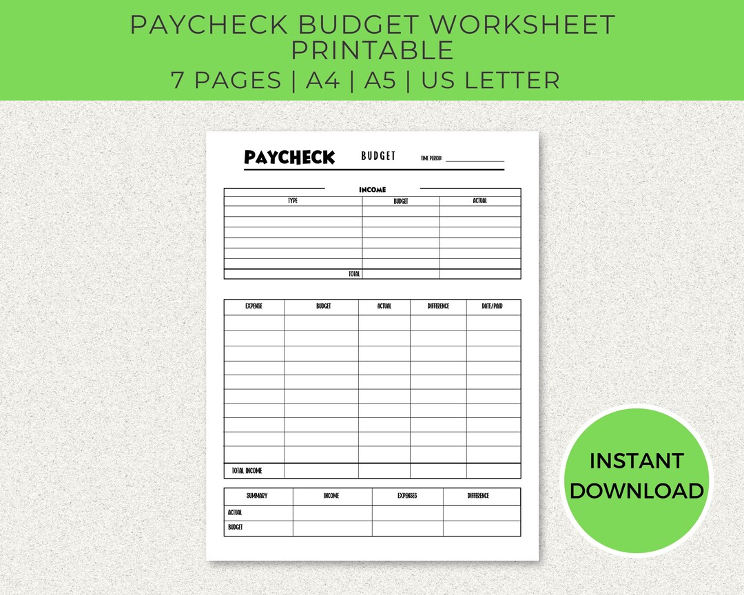 Paycheck Budget Worksheet Printable, Budget Binder, Financial Planner ...