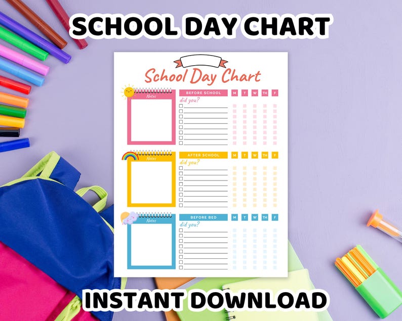 School Day Chart Printable, Kid Schedule, Daily Checklist Kids, Task ...