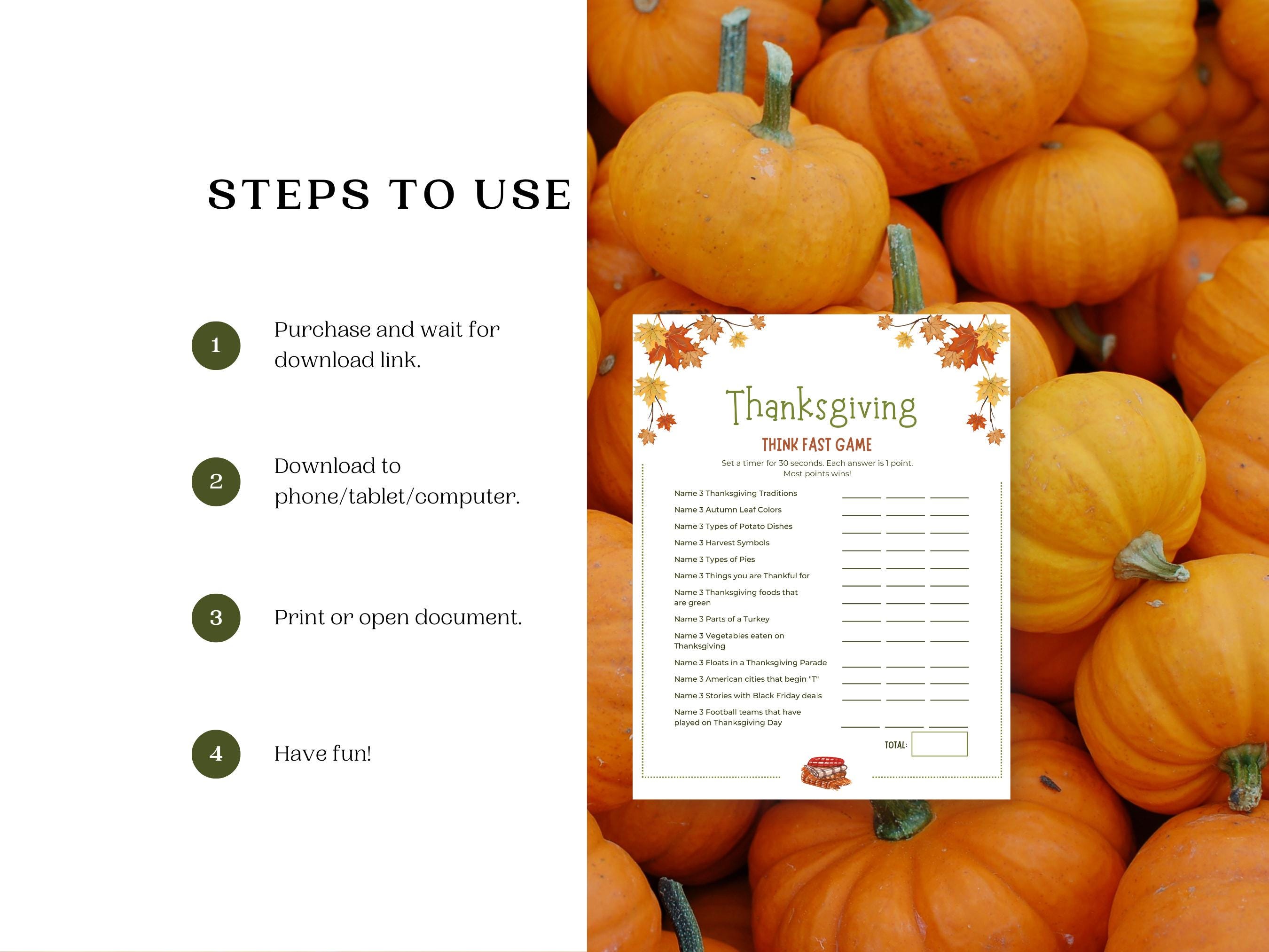 Thanksgiving Think Fast Printable - Etsy