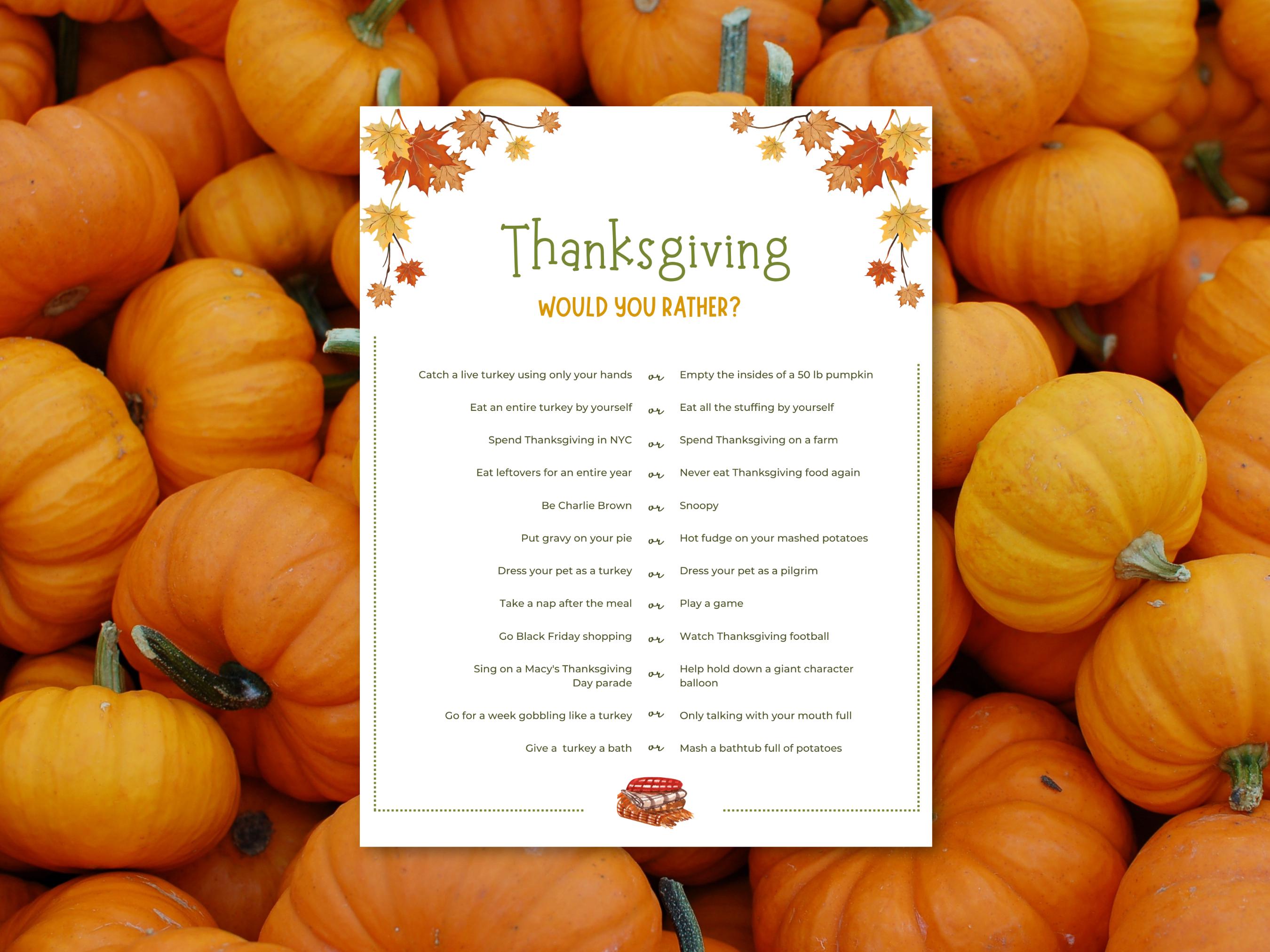 Thanksgiving Would You Rather Printable, Thanksgiving Game, Family Game ...