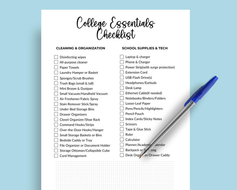 College Essentials Checklist, Prefilled & Blank Printable (PDF) - Etsy