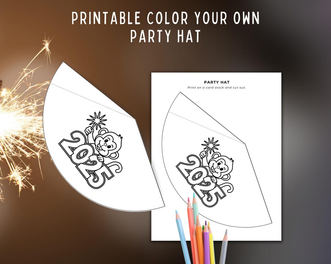 New Years Coloring Party Hat Printable, New Years Printable, New Years ...