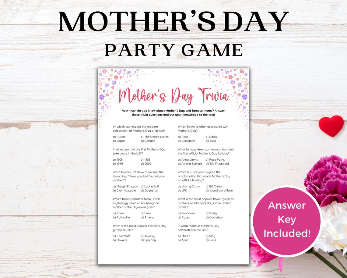 Mother's Day Trivia Game Printable, Group Games, Mother's Day Game ...
