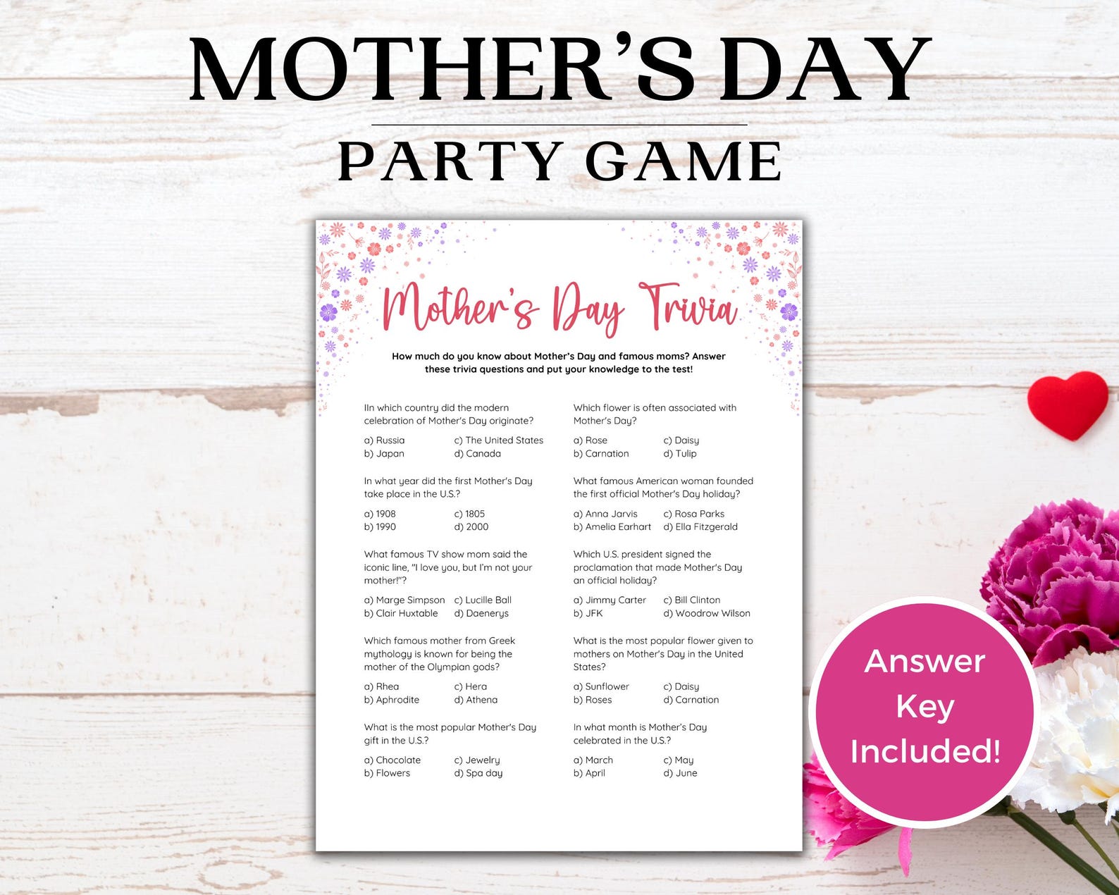 Mother's Day Trivia Game Printable, Group Games, Mother's Day Game ...