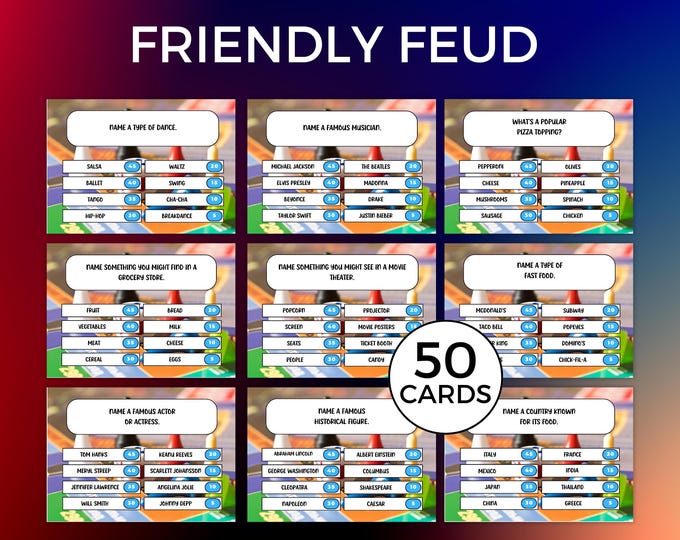 Friendly Feud Party Game | Printable Family and Friends Trivia Game ...