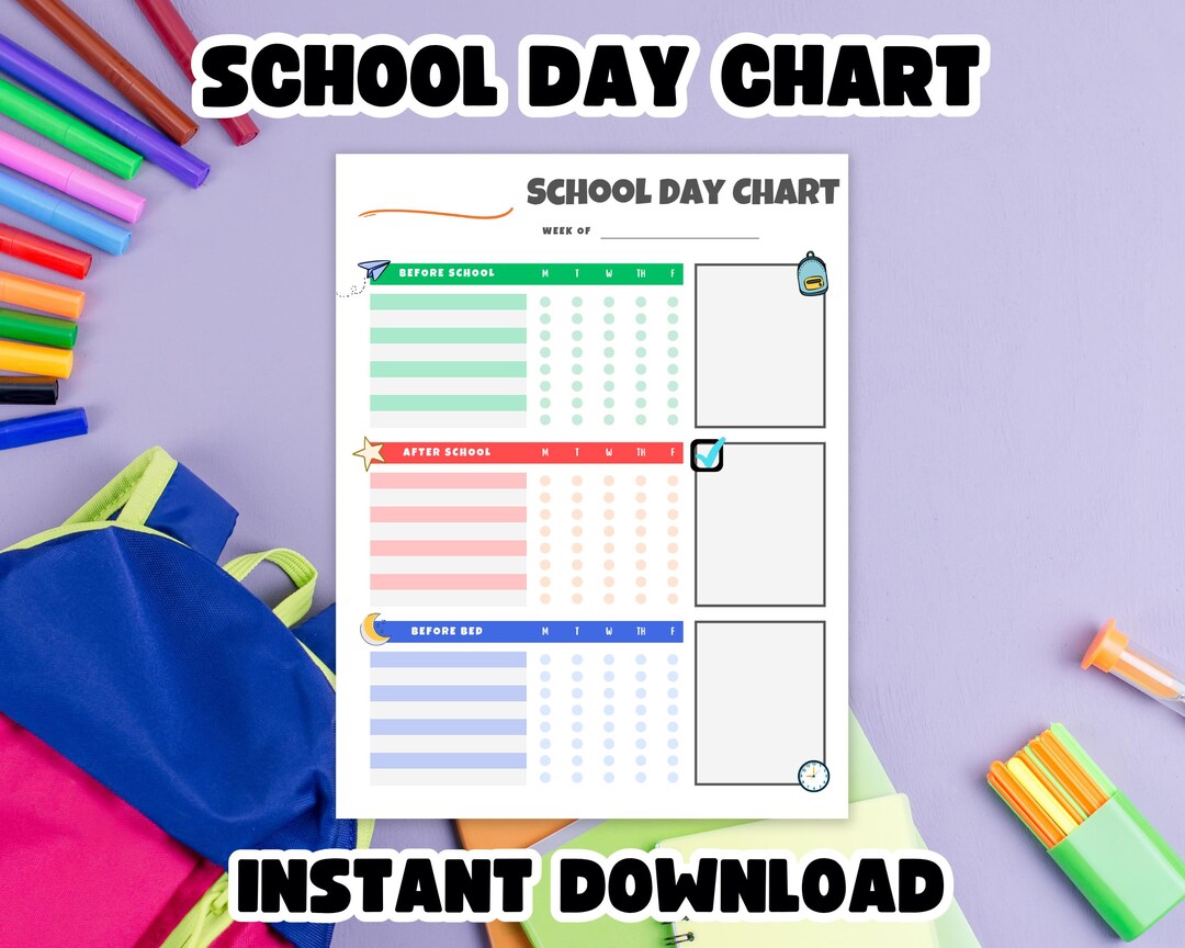 School Day Chart Printable, Kid Schedule, Daily Checklist Kids, Task ...