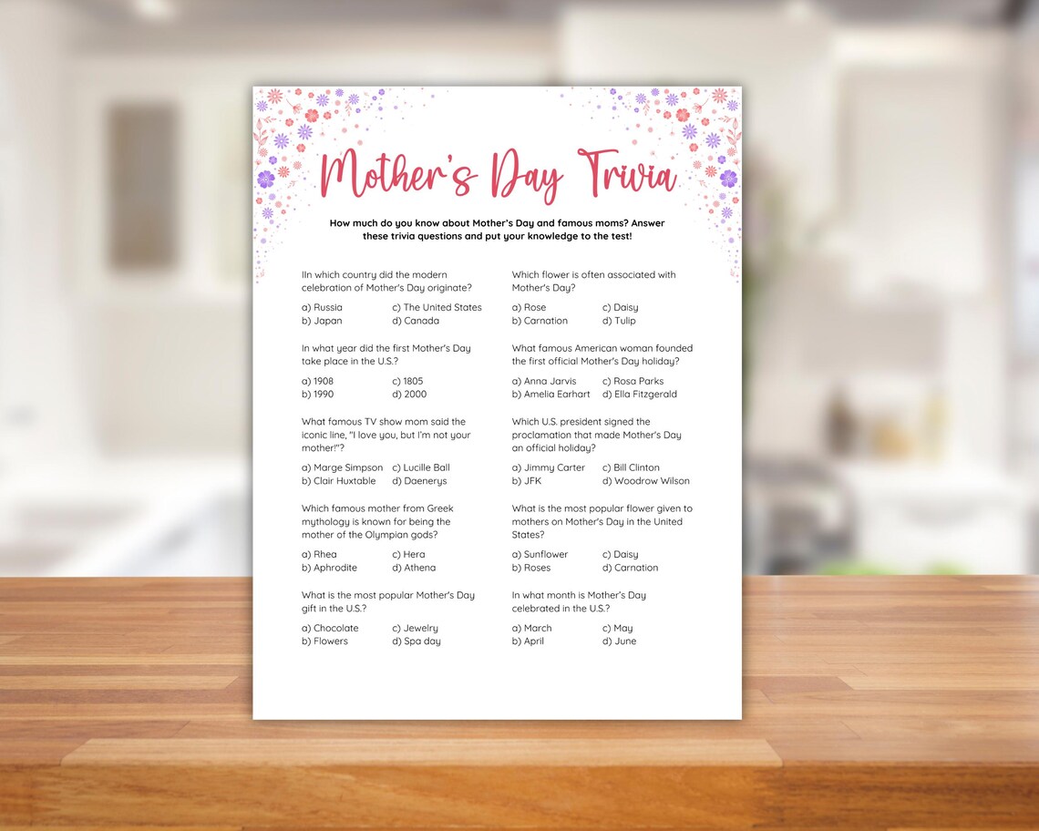 Mother's Day Trivia Game Printable, Group Games, Mother's Day Game ...
