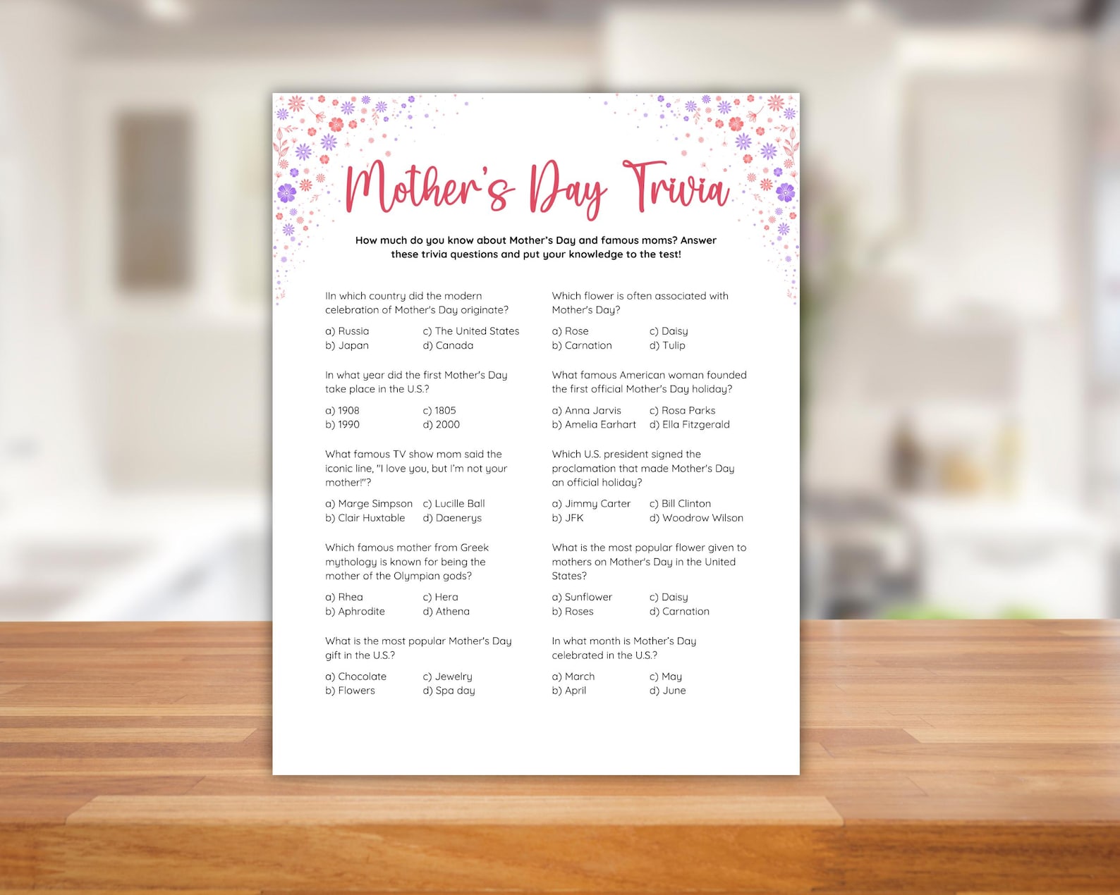 Mother's Day Trivia Game, Fun Family Activity (printable) - Etsy