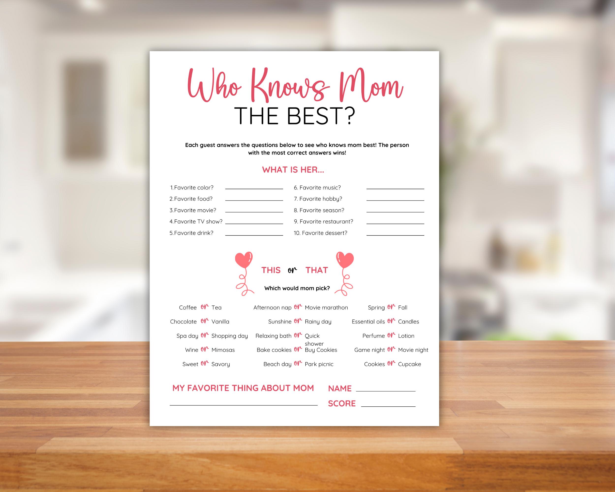 Who Knows Mom Best Game Printable, Group Games, Mother's Day Game ...