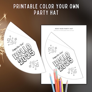 New Years Coloring Party Hat Printable, New Years Printable, New Years ...
