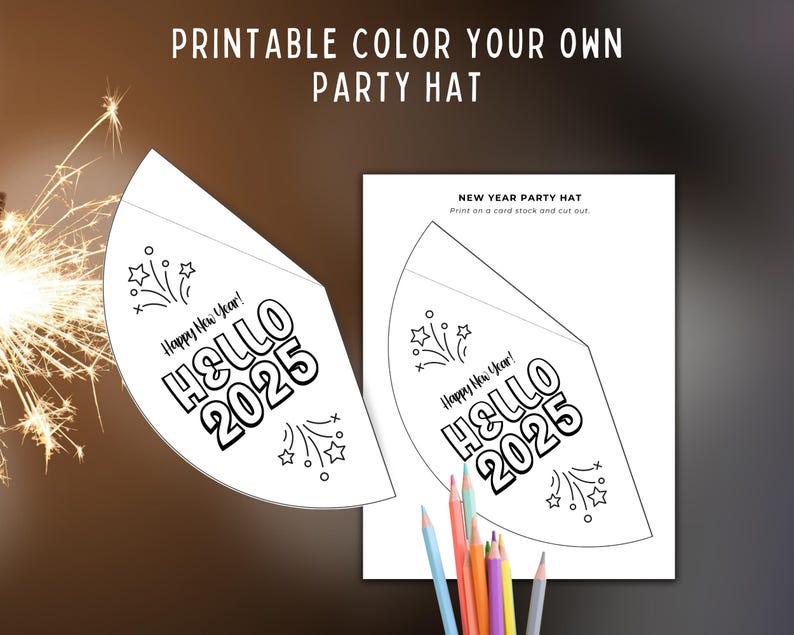 New Years Coloring Party Hat Printable, New Years Printable, New Years ...