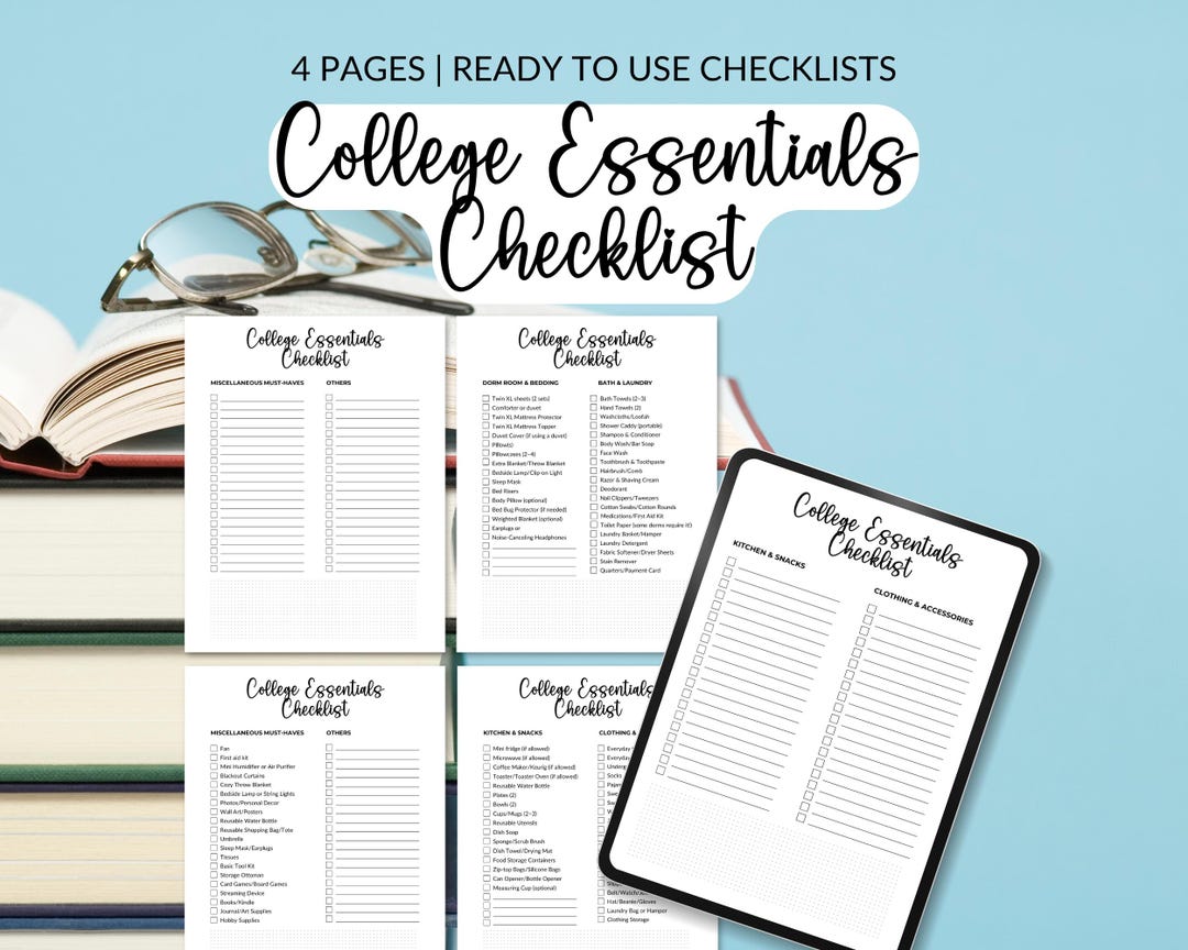 College Essentials Checklist, Prefilled & Blank Printable (PDF) - Etsy