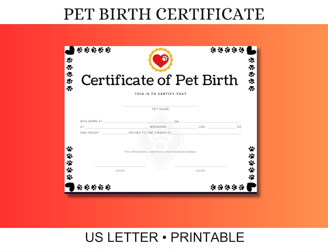 Printable Pet Birth Certificate | Digital Download - Etsy
