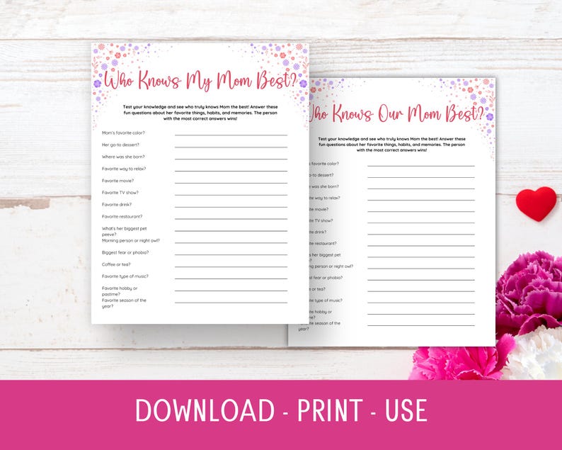 Who Knows Mom Best Game Printable, Group Games, Mother's Day Game ...