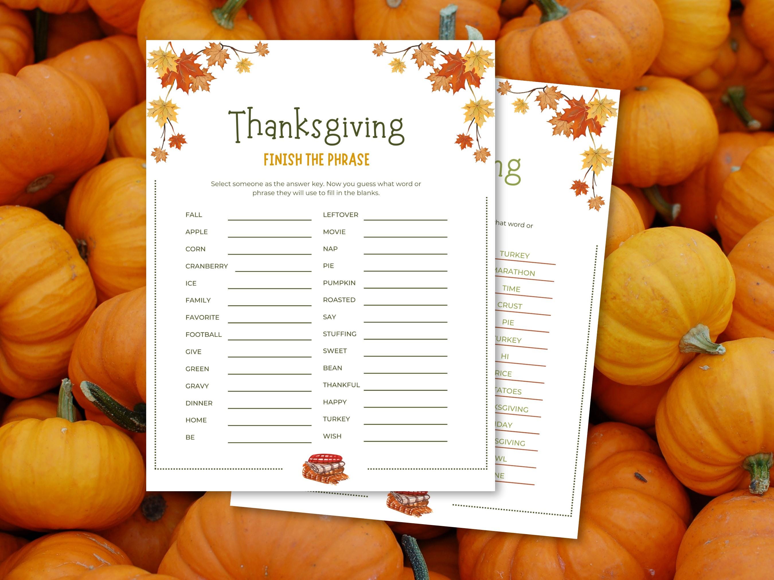 Thanksgiving Finish the Phrase Printable, Family Holiday Game ...