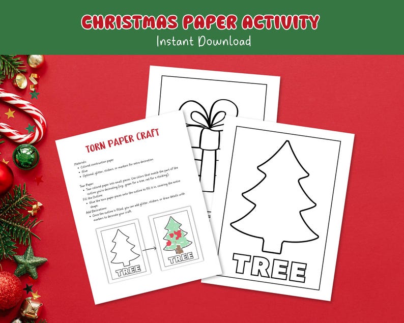 Christmas Torn Paper Craft Printable, Cut and Paste Craft, Christmas ...