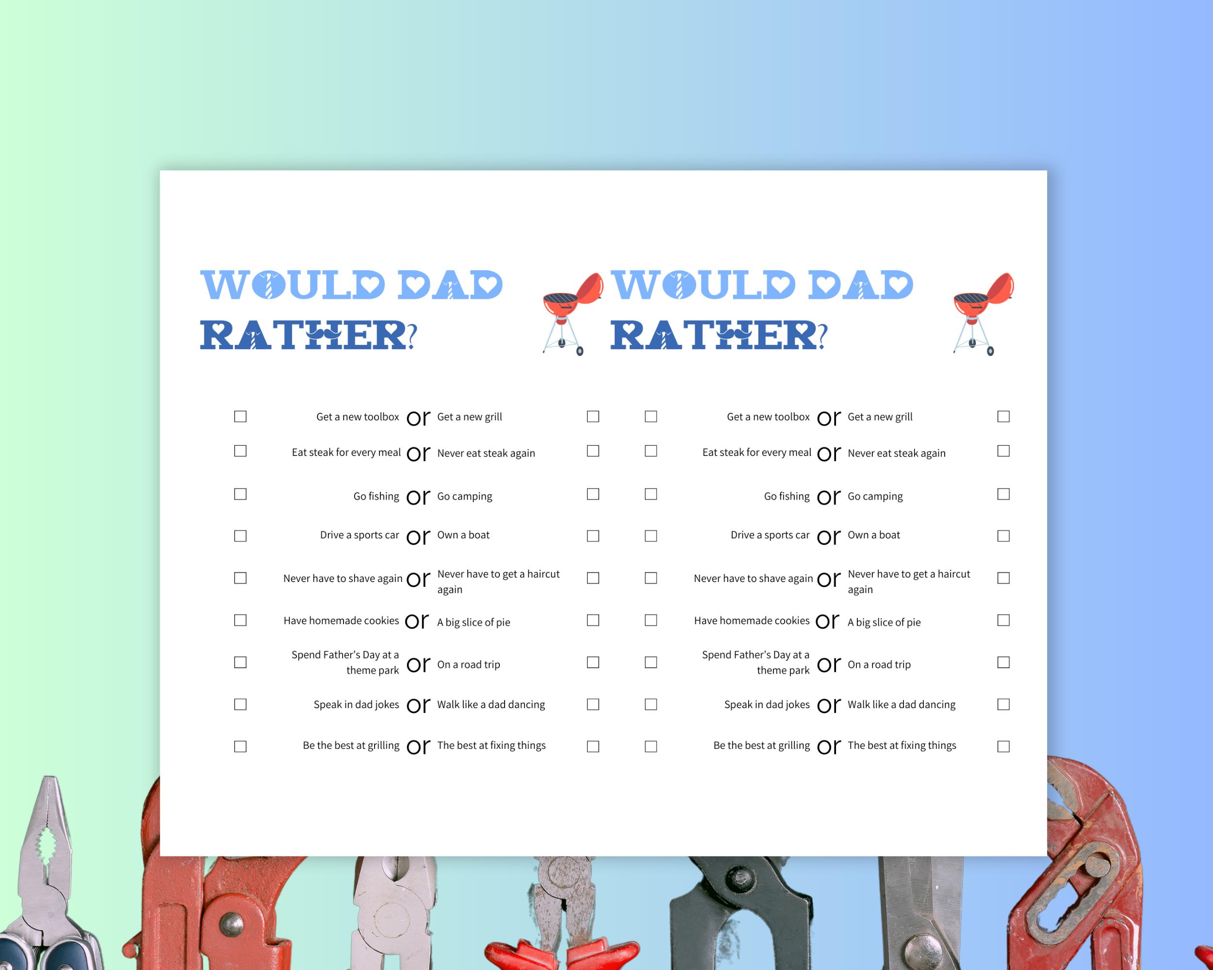 Father's Day Would Dad Rather Game Printable, Fun Father's Day, Family ...