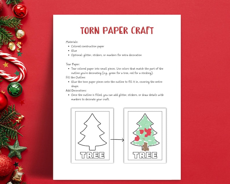 Christmas Torn Paper Craft Printable, Cut and Paste Craft, Christmas ...
