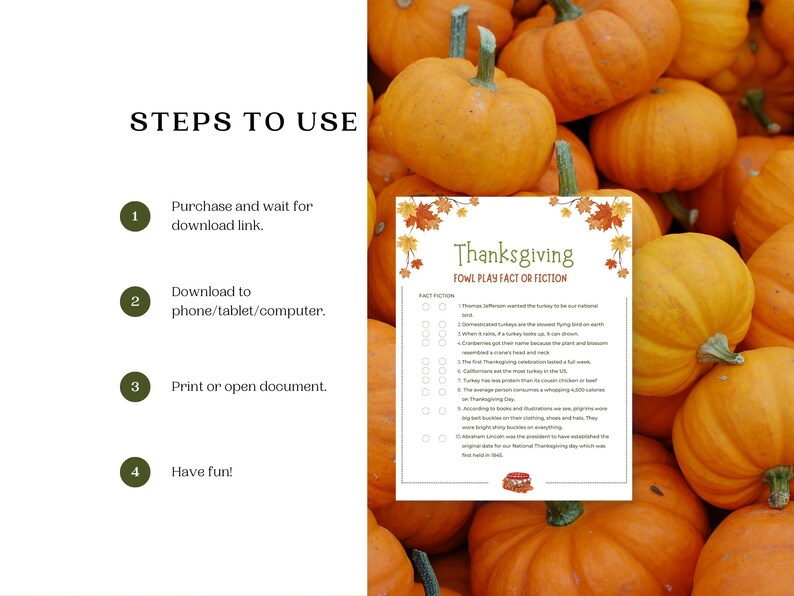 Thanksgiving Fact or Fiction Printable - Etsy