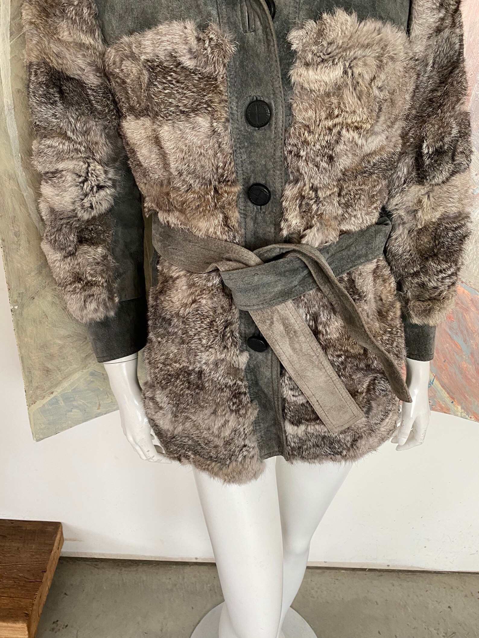 Vintage Rabbit Fur Angora & Grey Suede Leather Belted Jacket Size Small ...