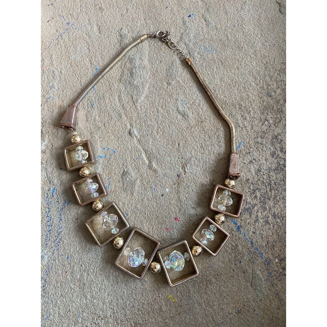 Vintage VCLM Necklace Gold Tone Block Crystal Statement Chain Square - Etsy