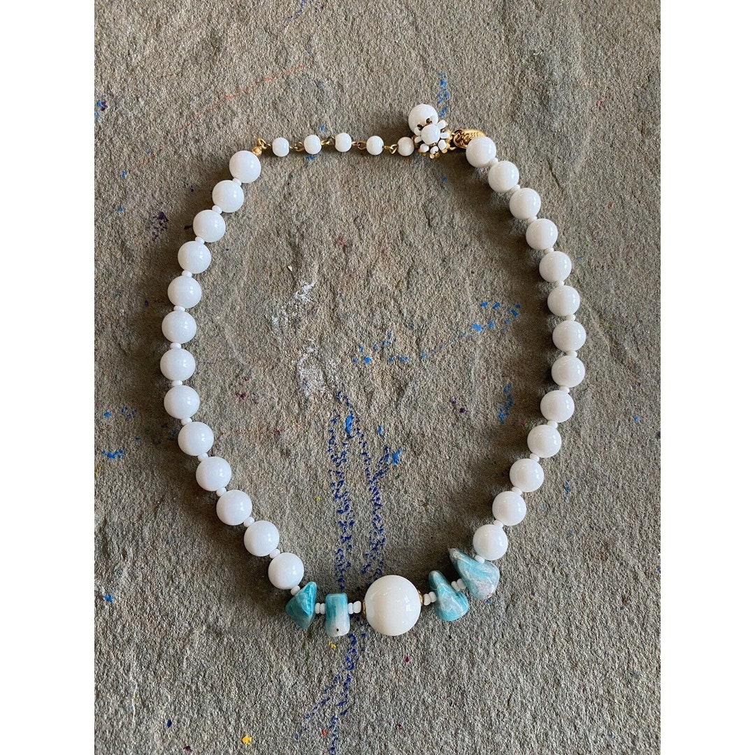 Vintage Miriam Haskell Necklace Glass Beaded White Stone Collar Blue NG ...