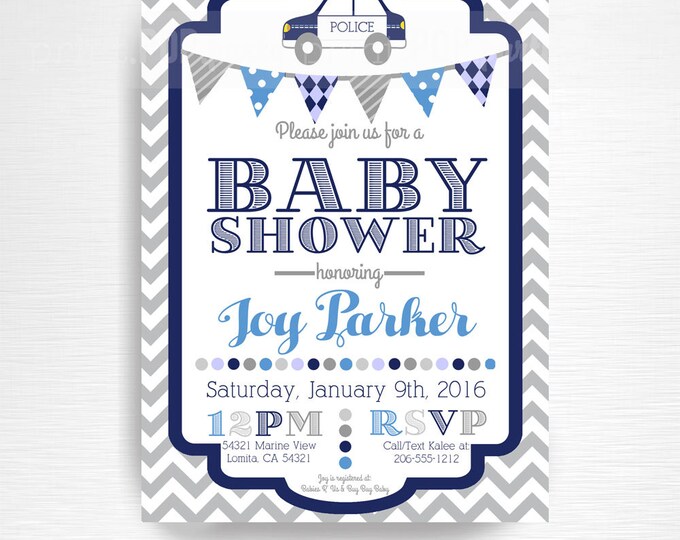 Police Officer Baby Shower Printable Invitation YOU Print Blue Grey ...