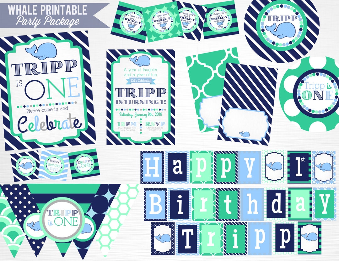 Whale Party Printable Package YOU Print Navy Seafoam Blue Preppy Whale ...
