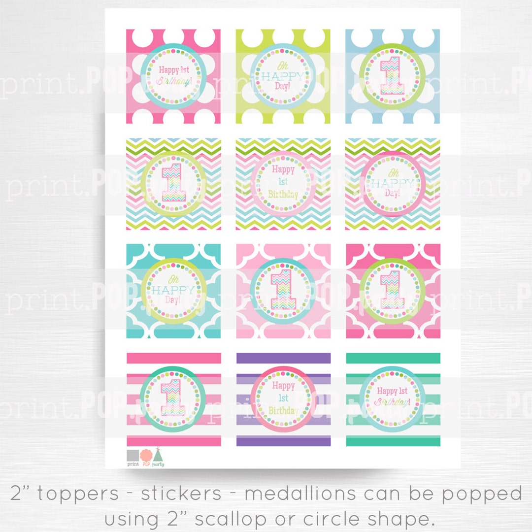 Chevron First Birthday Party Printable Stickers Cupcake Toppers ...