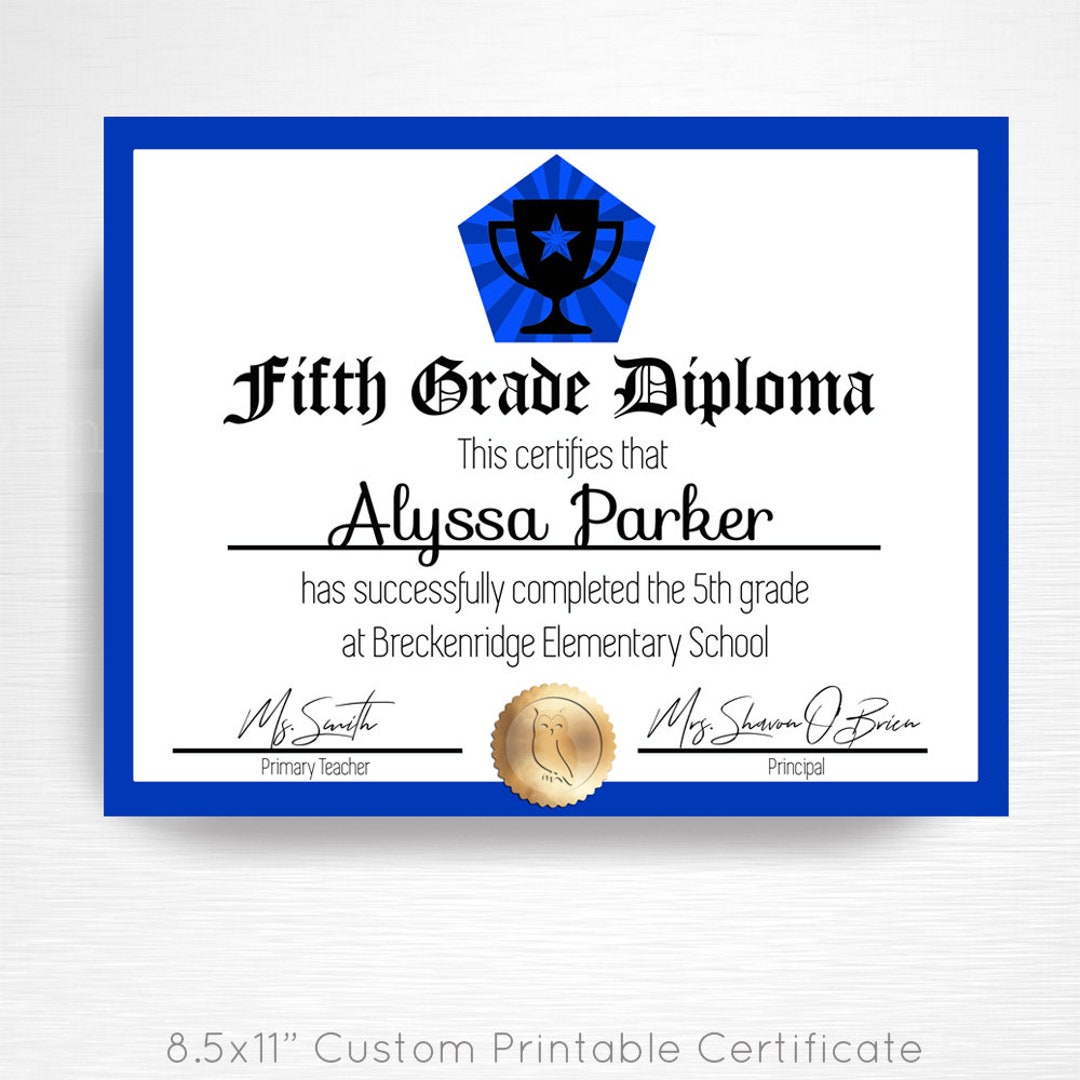 5th 6th 7th 8th Grade Graduation Party Printable Digital Diploma ...