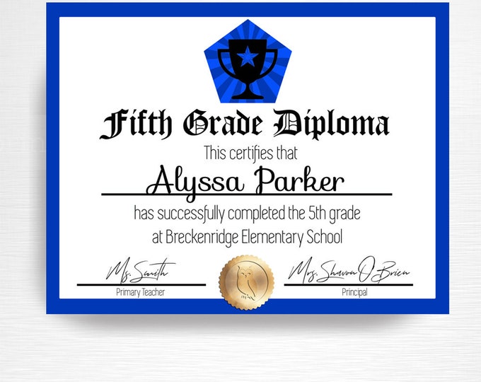 5th 6th 7th 8th Grade Graduation Party Printable Digital Diploma ...