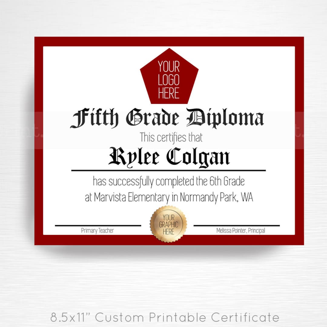 5th 6th 7th 8th Grade Graduation Party Printable Digital Diploma ...
