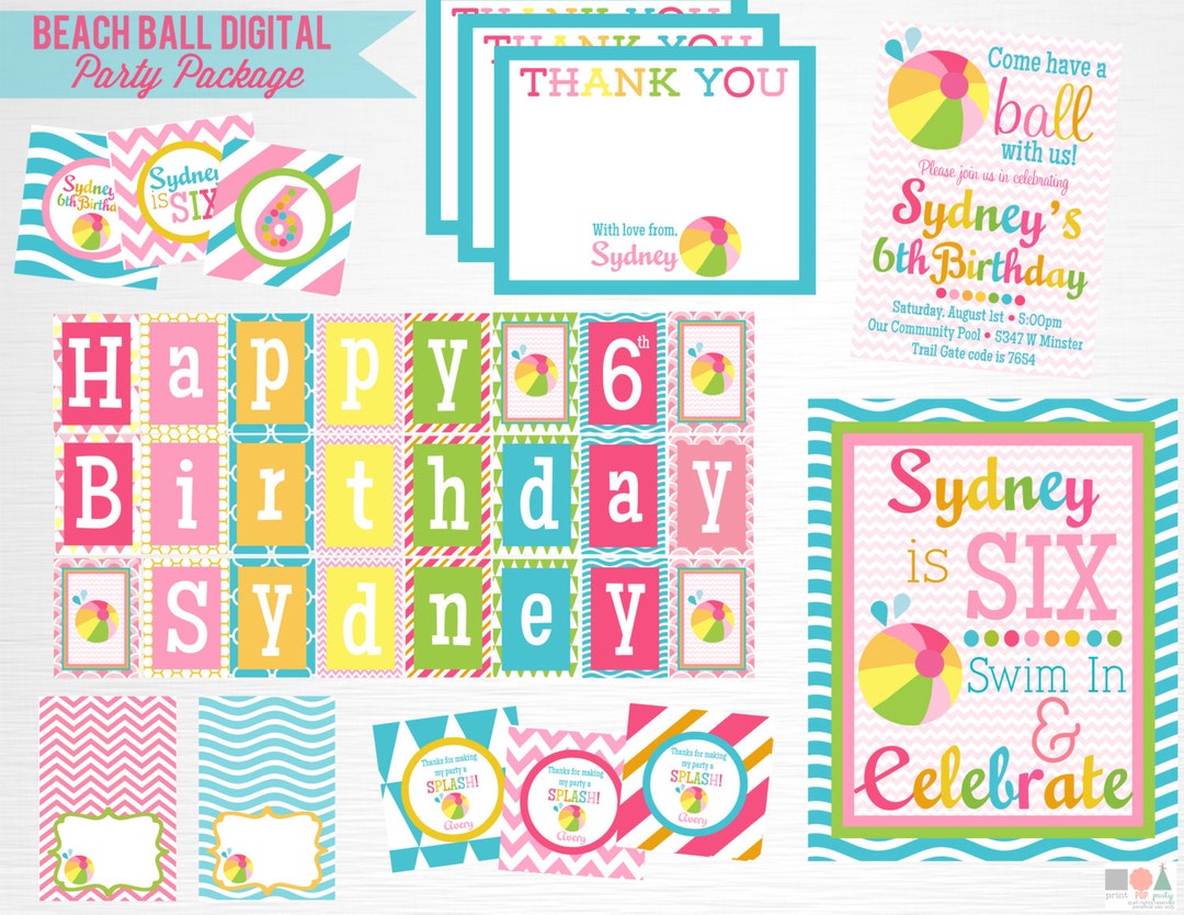 Pink Blue Beach Ball Birthday Party Package YOU Print - Etsy