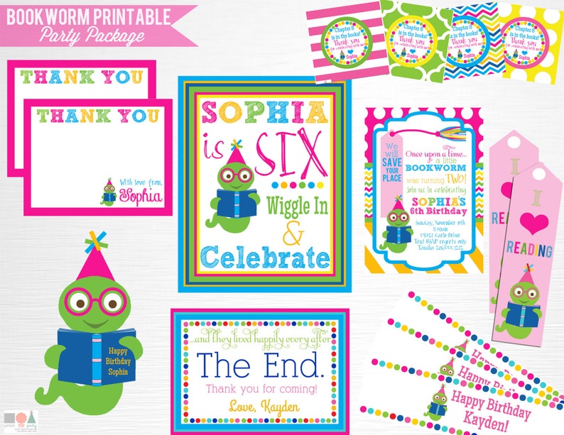 Pink Bookworm Birthday Party Package YOU PRINT Girl Rainbow Bookworm ...