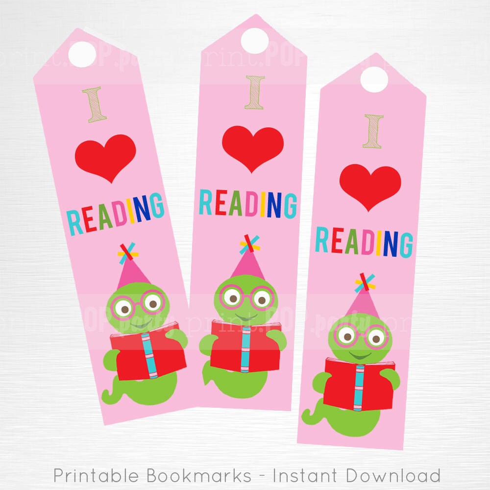 Pink Bookworm Birthday Party Printable Bookmarks Kids Party Favor Book ...