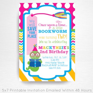 Pink Bookworm Birthday Party Package YOU PRINT Girl Rainbow Bookworm ...