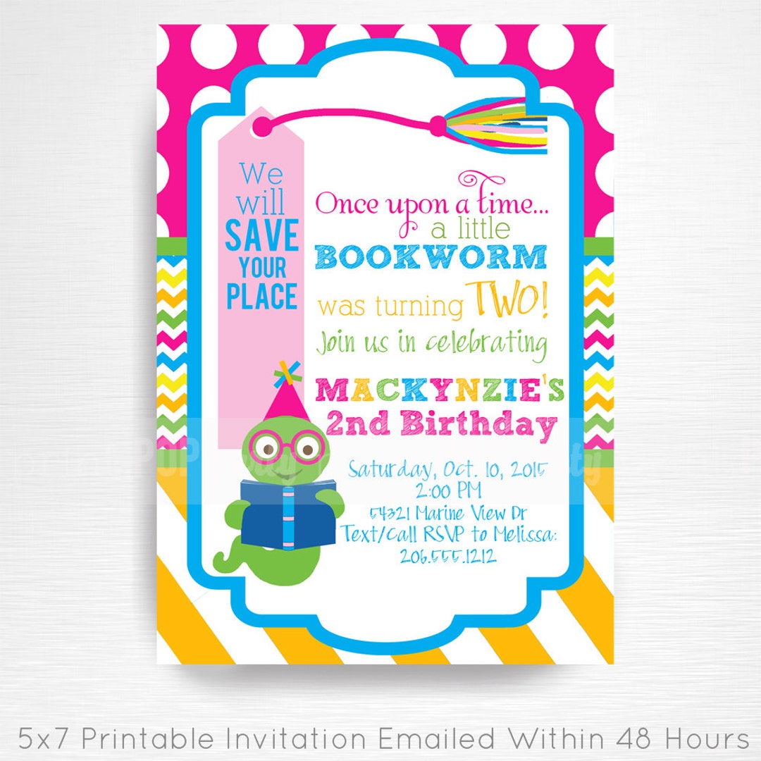 Pink Yellow Green Bookworm Birthday Party Printable Invitation YOU ...