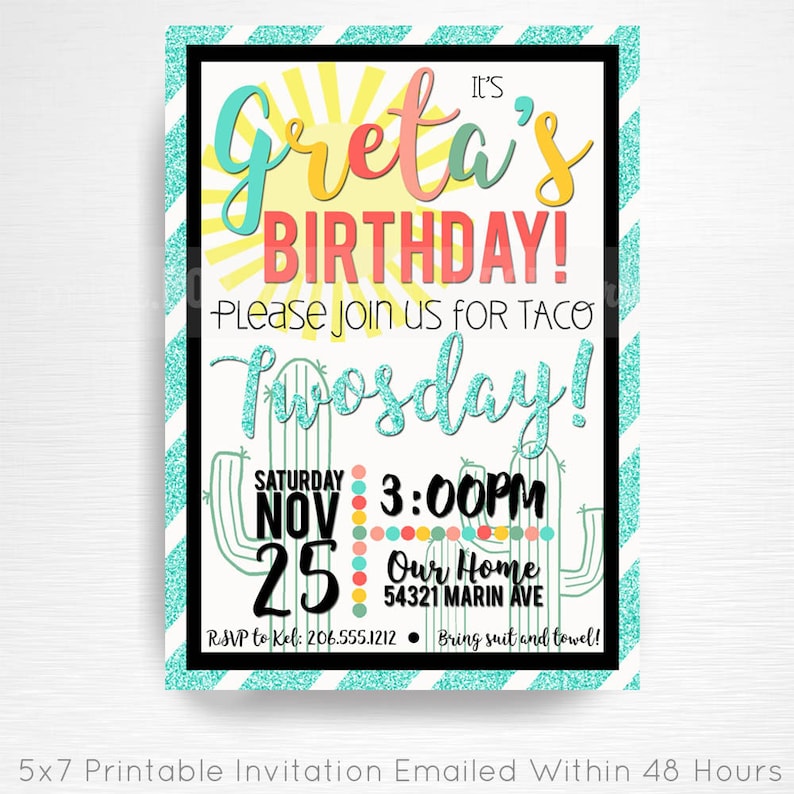 Taco Tuesday Cactus Fiesta Birthday Printable Invitation YOU Print Pink ...