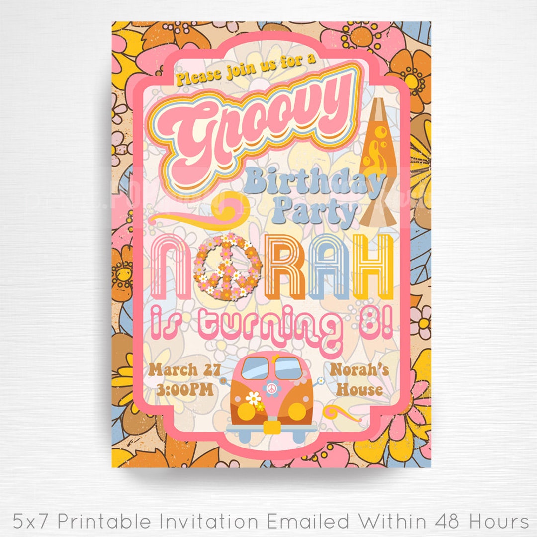 70s 60s Groovy Birthday Party Printable Invitation YOU Print Pink Blue ...