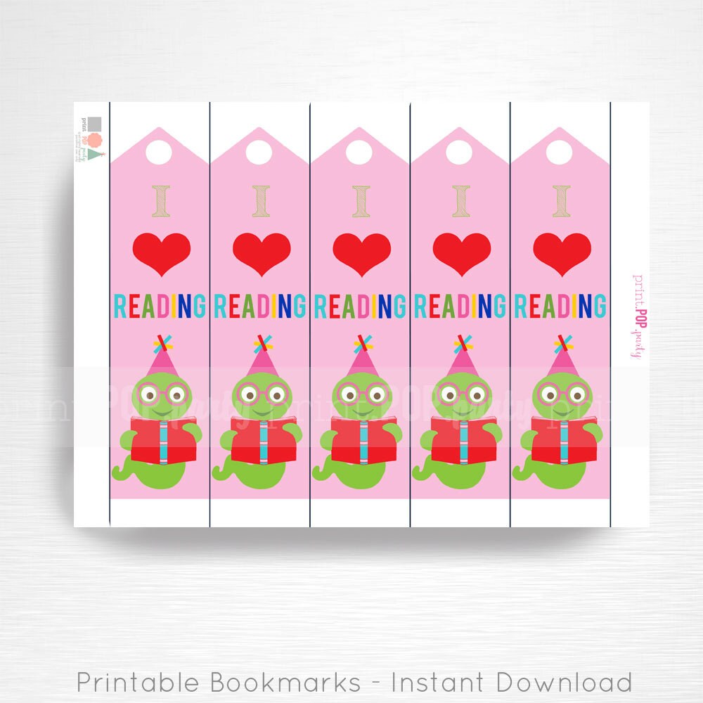 Pink Bookworm Birthday Party Printable Bookmarks Kids Party Favor Book ...
