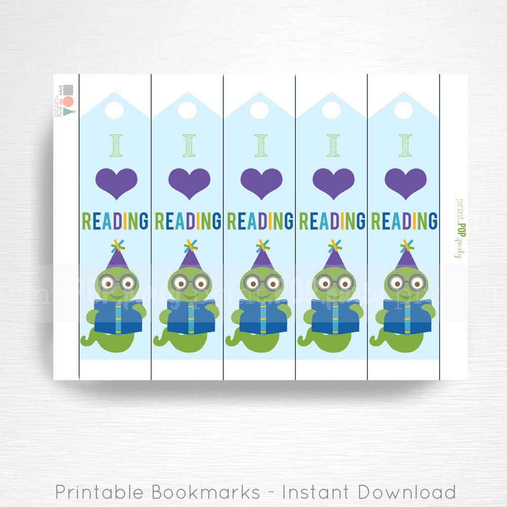 Blue Green Bookworm Birthday Party Printable Bookmarks Kids | Etsy