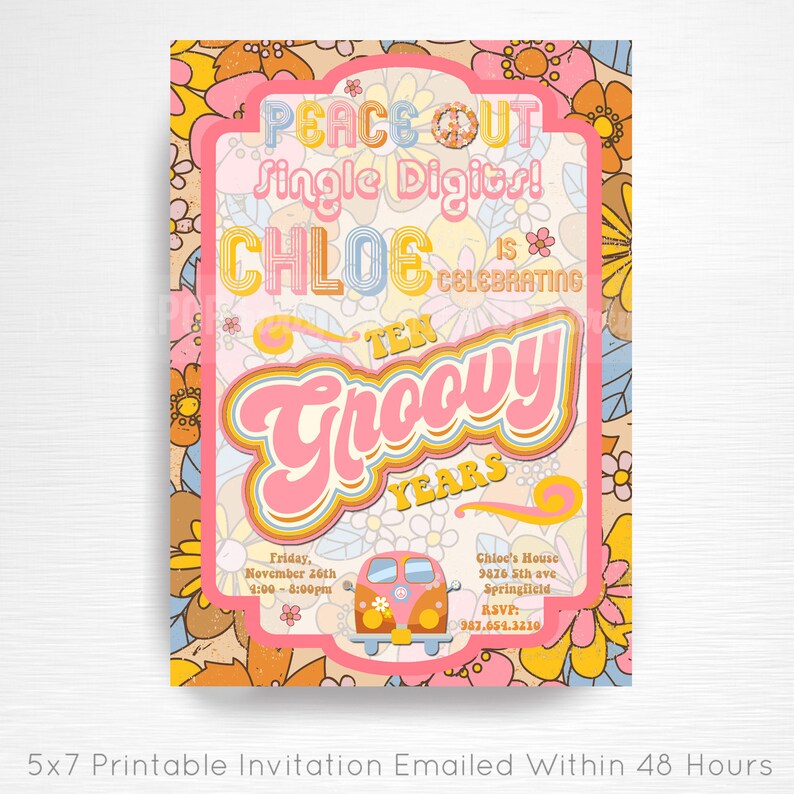 70s 60s Ten Groovy Years Birthday Party Printable Invitation YOU Print ...