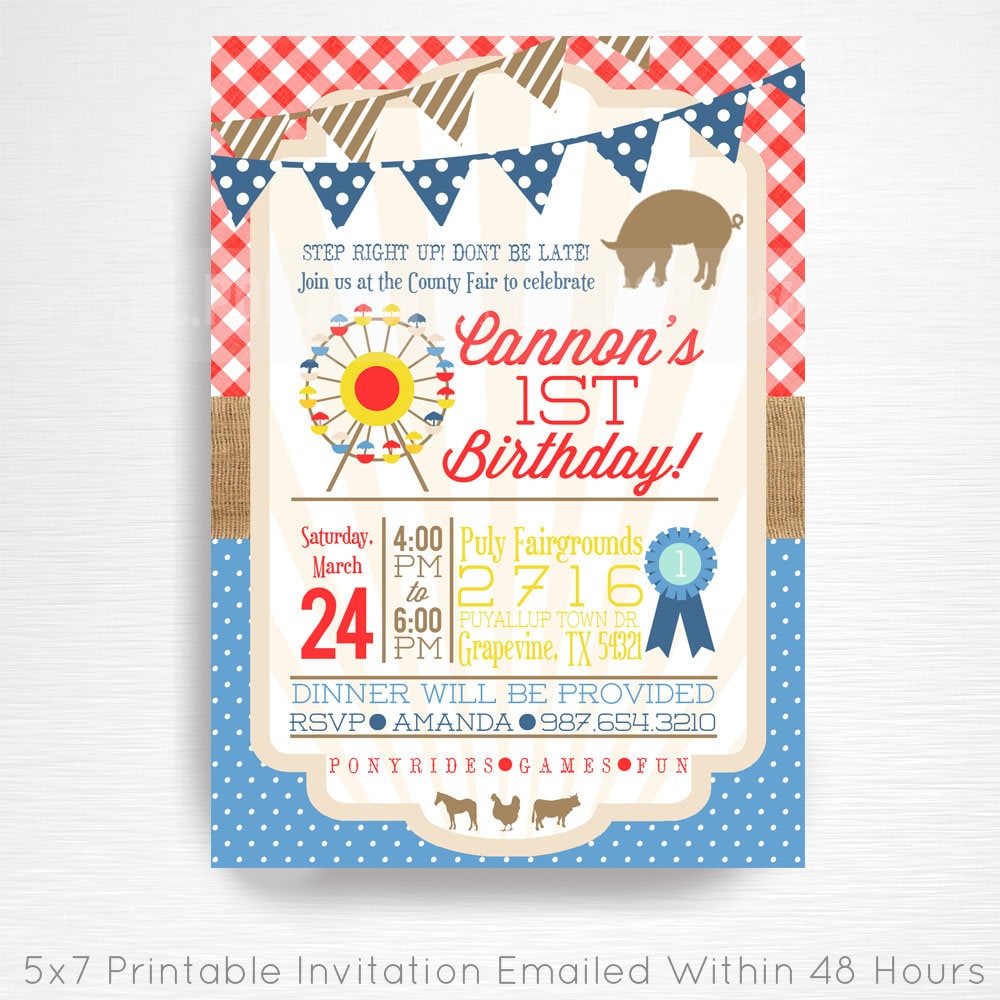 County Fair Birthday Party Printable Invitation YOU Print Red White ...