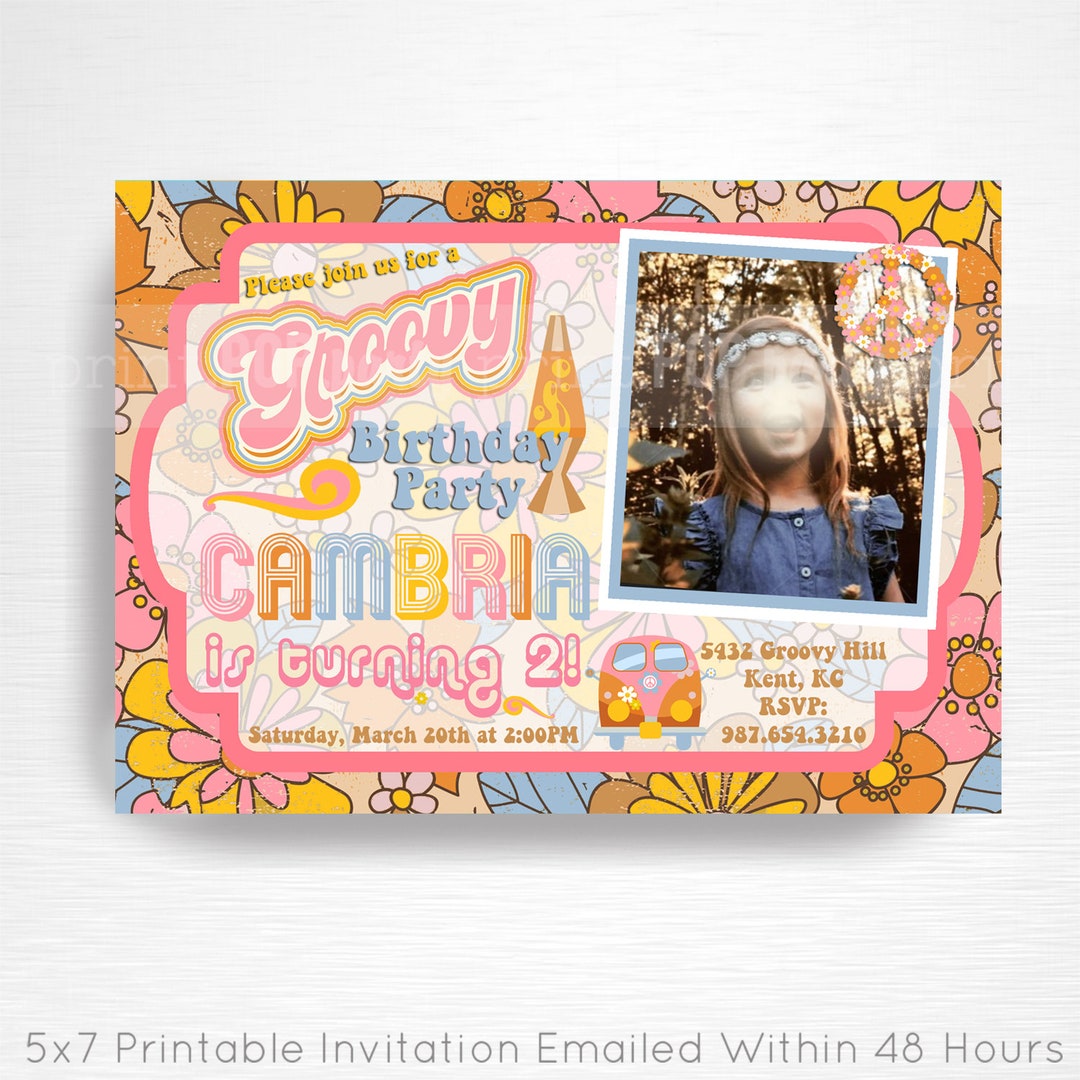 70s 60s Groovy Birthday Party Printable Invitation YOU Print Pink Blue ...