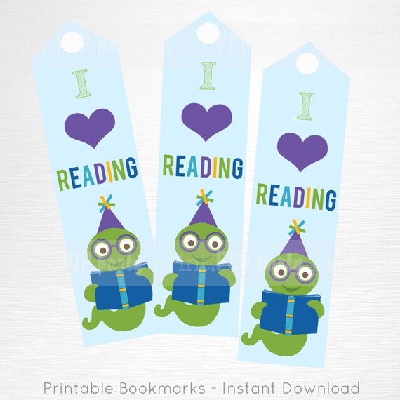Blue Green Bookworm Birthday Party Printable Bookmarks Kids | Etsy