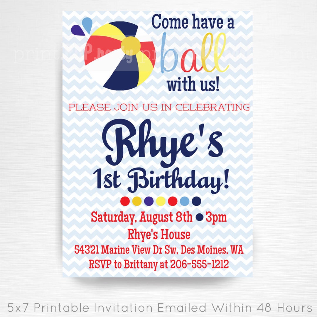 Navy Blue Red Yellow Beach Ball Birthday Party Printable Invitation YOU ...