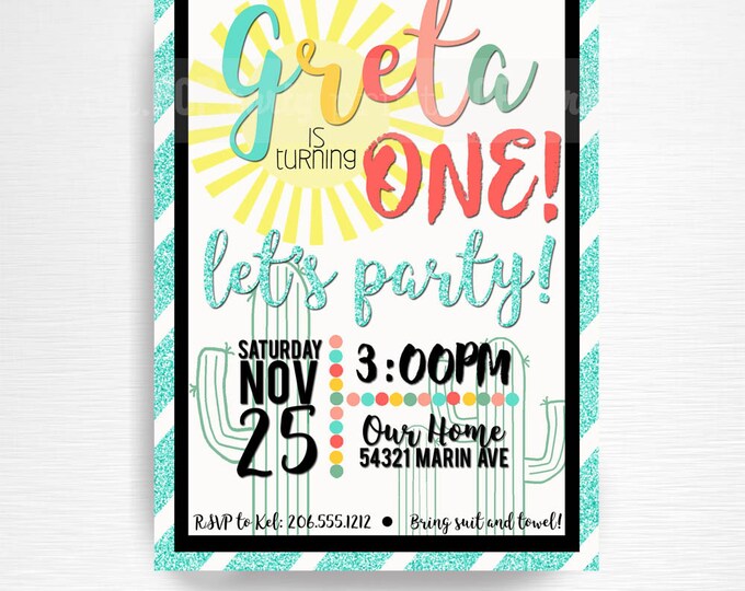 Cactus Fiesta Birthday Printable Invitation YOU Print Pink Aqua Black ...